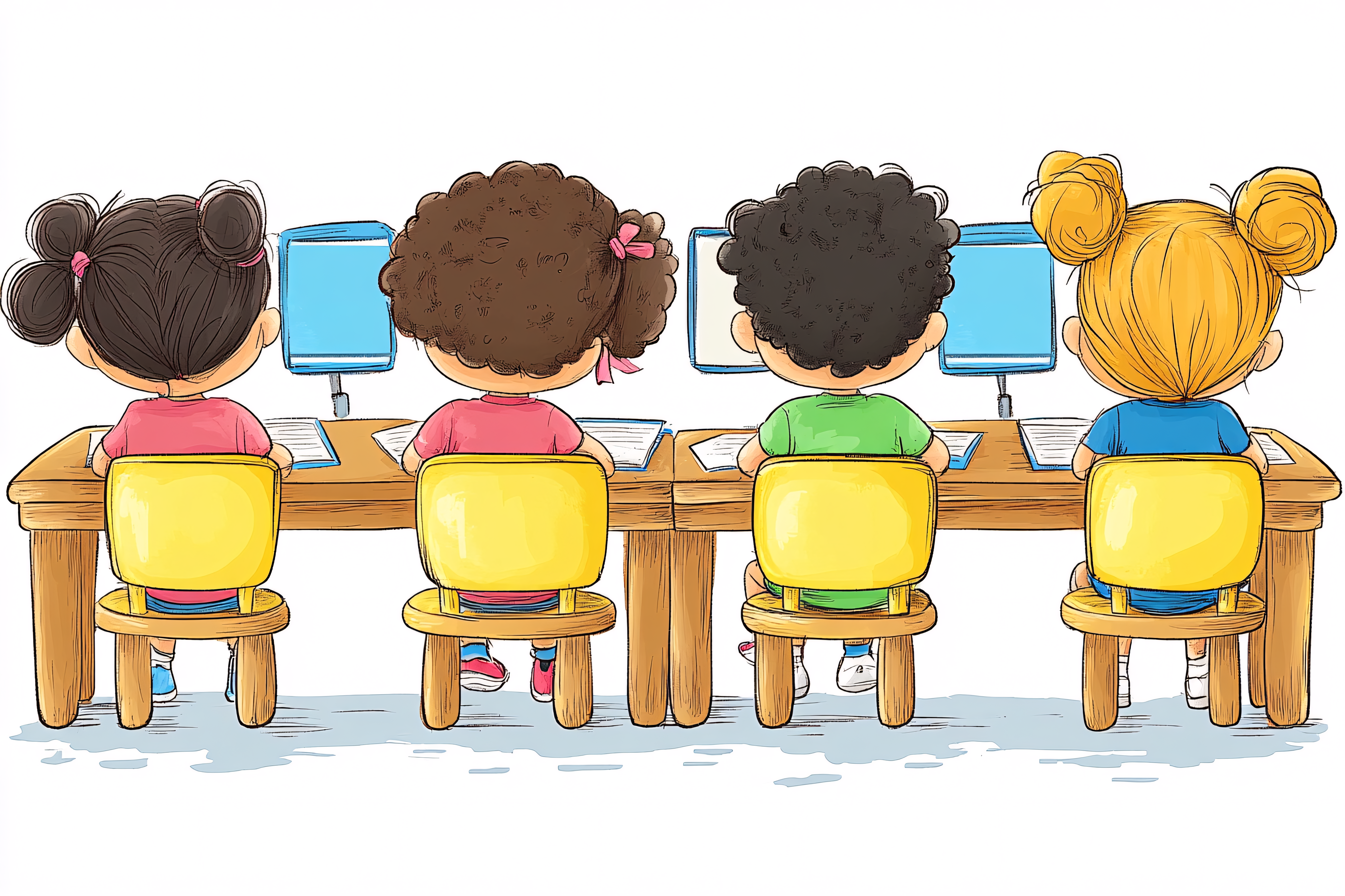 Free Download Cartoon Children Learning Computers in Classroom