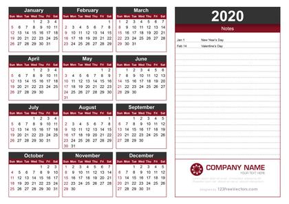 Free Download 2020 Calendar with Notes and Company Information