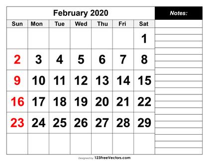 Free Download February 2020 Calendar with Notes Section