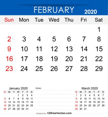 Free Download February 2020 Calendar with Dates and Notes