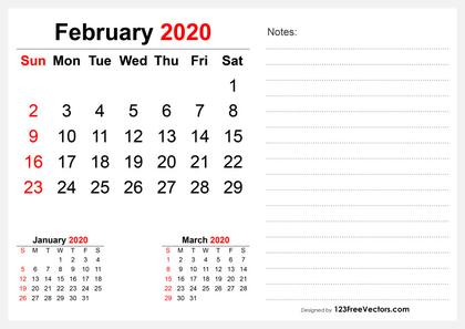 Free Download February 2020 Calendar with Notes Section