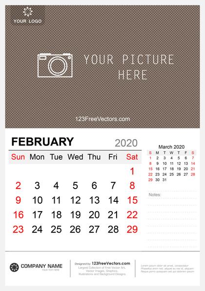 Free Download February 2020 Calendar with Photo Placeholder