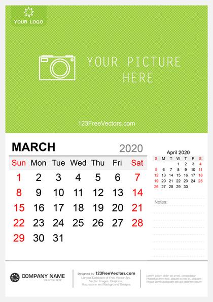 Free Download Green Grid Calendar Template for March 2020