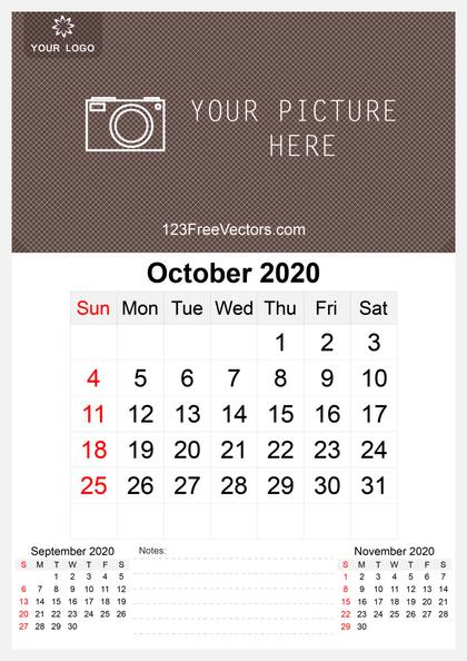Free Download October 2020 Calendar with Customizable Photo Space