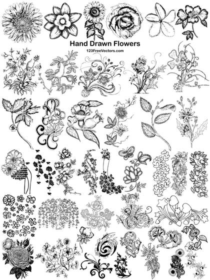 Free Download 43 Hand Drawn Flowers Vector Pack