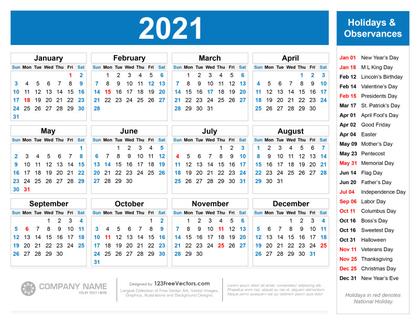 Free Download 2021 Yearly Calendar with Dates and Week Numbers