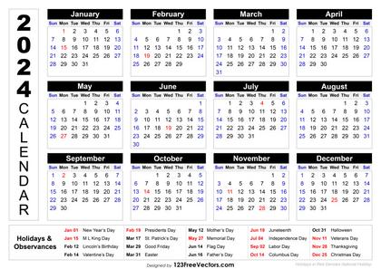 Free Download 2024 Printable Calendar with Holidays