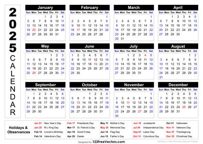 Free Download 2025 Printable Calendar with Holidays
