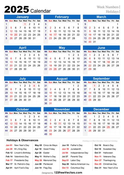 Free Download Printable 2025 Calendar with Week Numbers