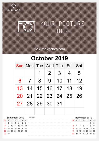2019 October Wall Calendar Template Free
