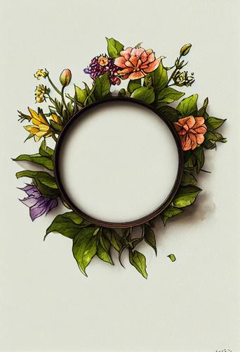 Free Download Watercolor Spring Flower Circle Frame with Green Leaves Image