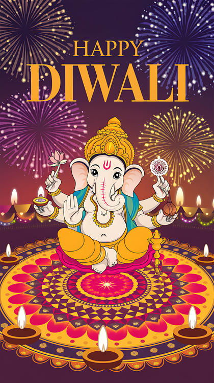 Free Download Watercolor Diwali Greeting Card with Rangoli and Diya