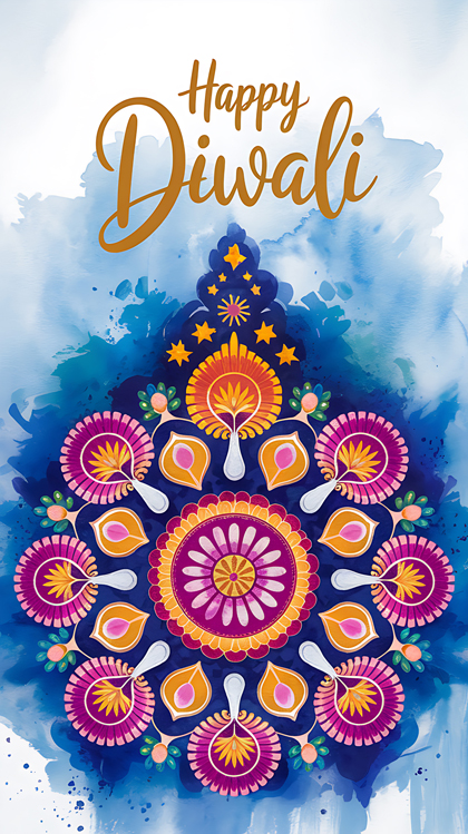 Free Download Watercolor Diwali Greeting Card with Diya Lamps and Fireworks