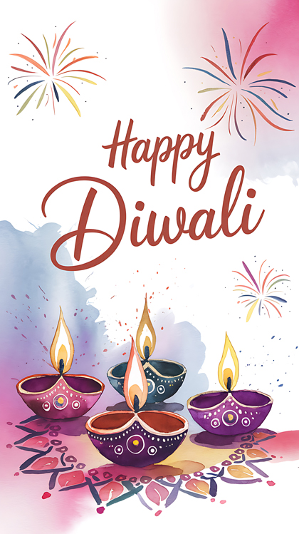 Free Download Watercolor Diwali Greeting Card with Rangoli and Diya