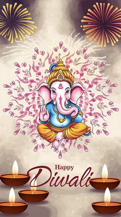 Free Download Diwali Greeting Card with Diya Lamps