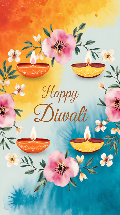 Free Download Watercolor Diwali Greeting Card with Rangoli and Diya