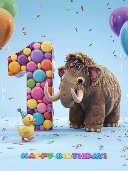 Free Download Cute Mammoth And Duckling First Birthday Card