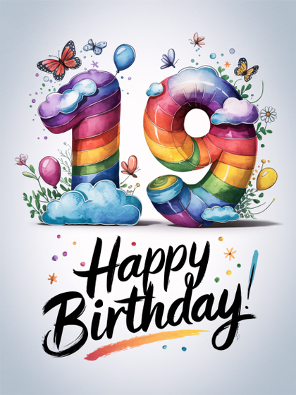 Free Download Watercolor Rainbow 19th Birthday Card