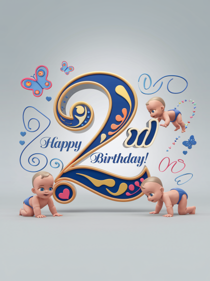 Free Download 2nd Birthday Baby Card: Cute 3D Render