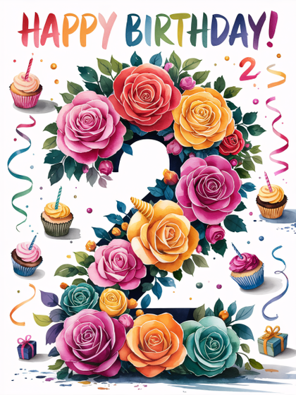 Free Download Watercolor Floral Number Two Birthday Card