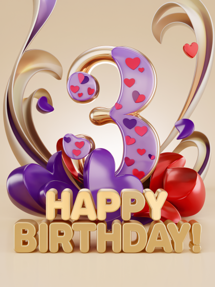 Free Download Happy 3rd Birthday! 3D Render with Hearts