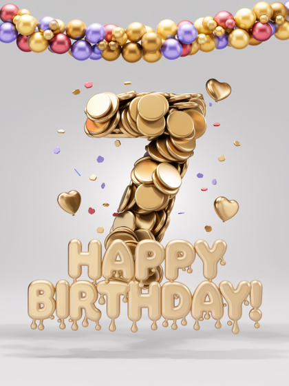 Free Download 7th Birthday: Golden Number Seven with Monkey and Balloons