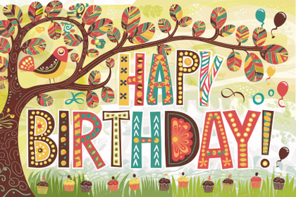 Free Download Happy Birthday Card with Whimsical Tree and Cupcakes