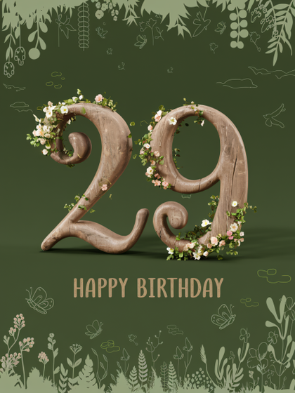 Free Download 29th Birthday Floral Wooden Number Card