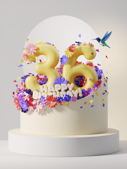 Free Download 36th Birthday Cake with Flowers and Hummingbird