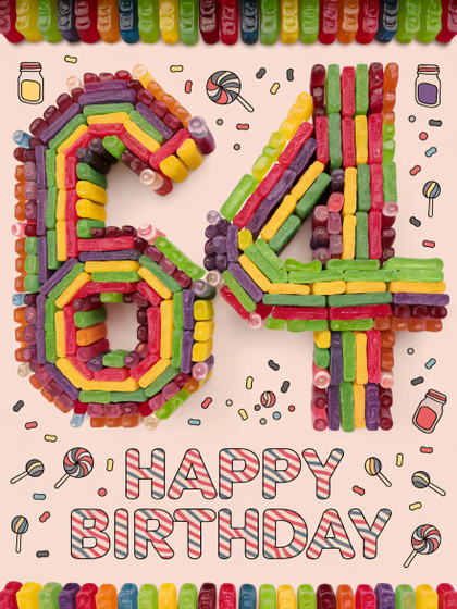 Free Download 64th Birthday Cake with Candy Decorations