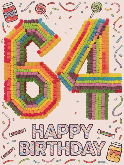 Free Download 64th Birthday Cake with Candy Decorations