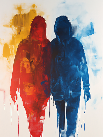 Free Download Abstract Painting of Hooded Figures in Red and Blue