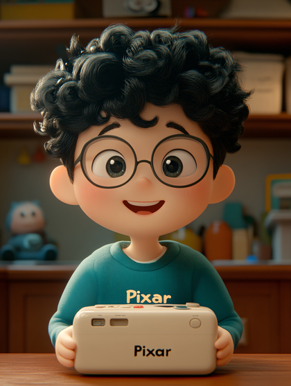 Free Download Cartoon Boy with Curly Hair Holding Pixar Branded Camera ...