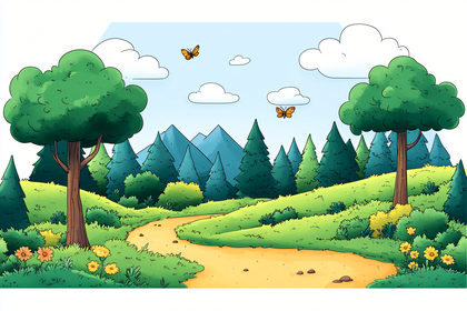 Free Download Cartoon Forest Path with Butterflies and Mountains
