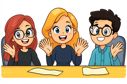 Free Download Cheerful Cartoon Team Waving at Desk Illustration