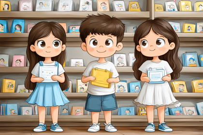 Free Download Three Cartoon Children Standing in a Bookstore