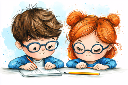 Free Download Two Cute Children Learning and Drawing Together, Cartoon ...