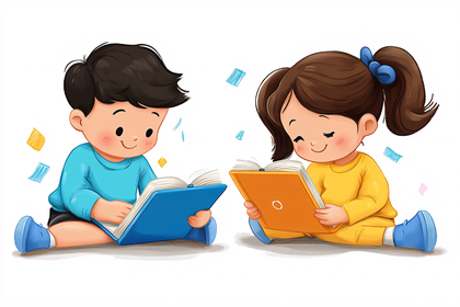 Free Download Cartoon Children Reading Books Together Illustration