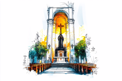 Free Download Architectural Sketch of Church Interior with Statue and Cross