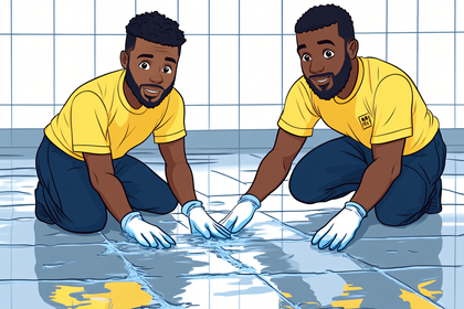 Free Download Cleaning Crew Kneeling on Tile Floor Cartoon