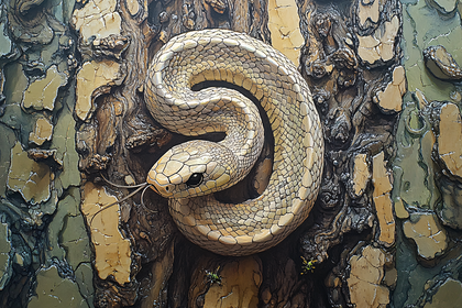 Free Download Snake Coiled on Tree Bark Painting