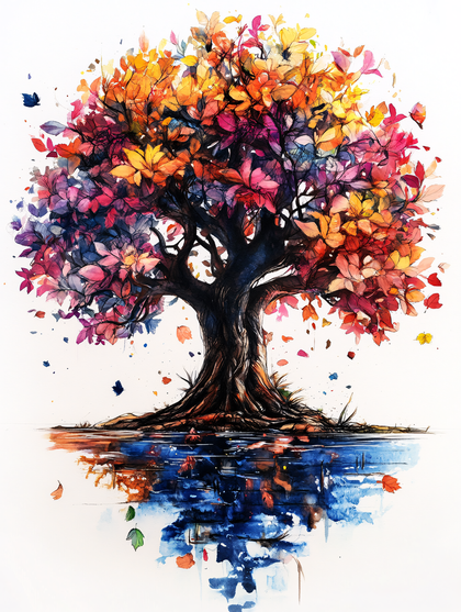 Free Download Colorful Autumn Tree Watercolor Painting with Reflection
