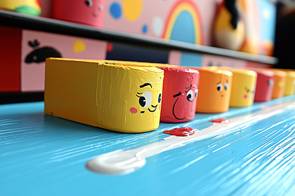 Free Download Colorful Cartoon Face Blocks on Blue Painted Wood Surface