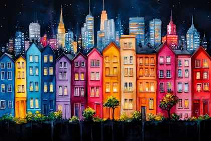 Free Download Watercolor Painting Of Colorful Cityscape at Night