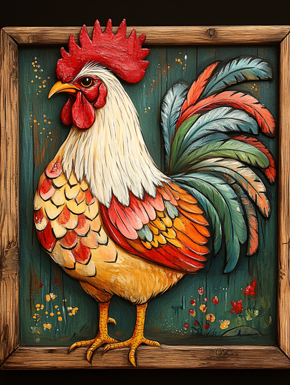 Free Download Colorful Rooster Wood Carving Digital Art