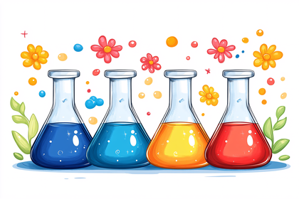 Free Download Colorful Science Flasks with Flowers Vector Illustration