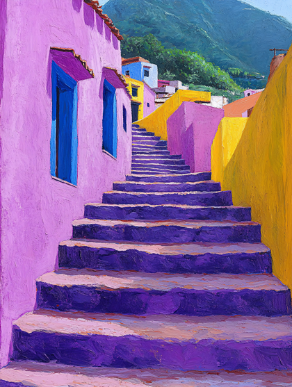 Free Download Colorful Painted Street Scene with Purple Stairs and ...