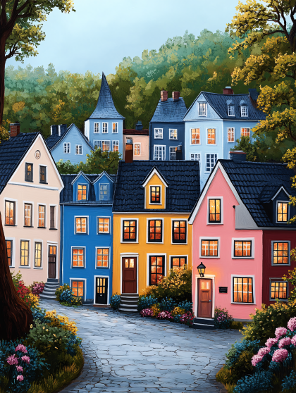 Free Download Charming Village Street with Colorful Houses Digital Art