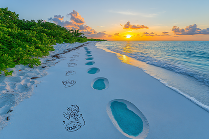 Free Download Sunset Beach with Cartoon Footprints in Sand