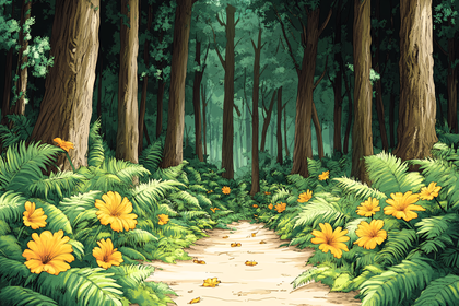 Free Download Cartoon Forest Path with Yellow Flowers Illustration